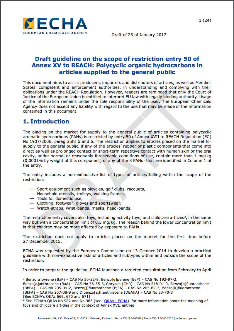Restriction on articles containing PAHs - ECHA draft guideline open for ...